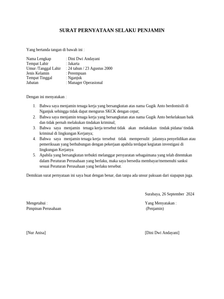 Surat Pernyataan Penjamin | PDF