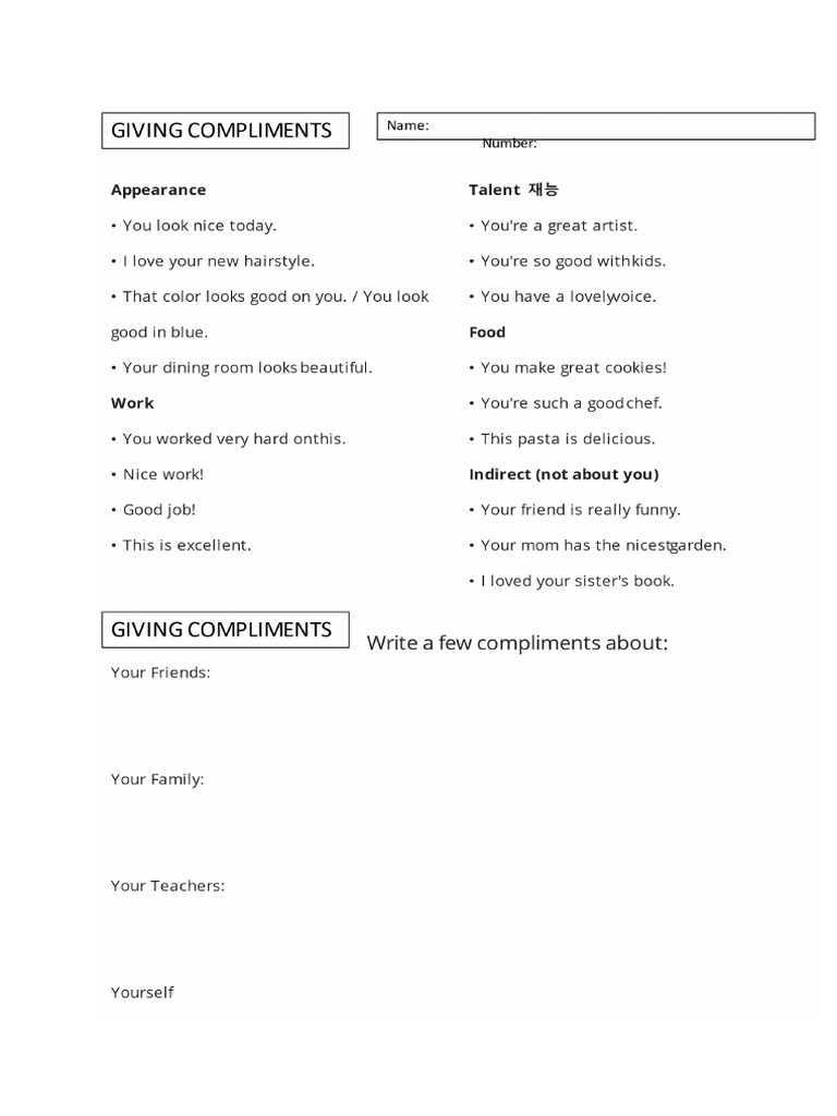 Hanil 1sst Years Lesson 2 Compliments Worksheet | PDF
