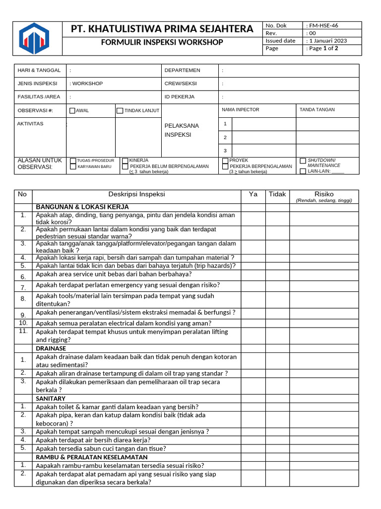 FM-HSE-46 Form Inspeksi Workshop | PDF