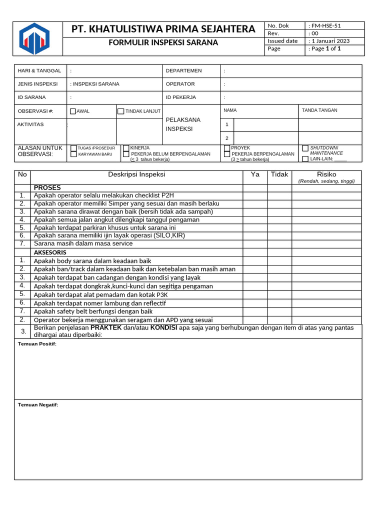 Formulir Inspeksi Sarana PT Khatulistiwa | PDF | Teknologi & Rekayasa