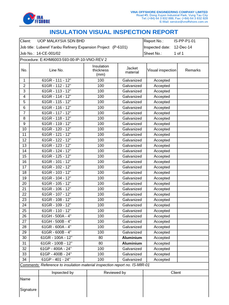 14-CE-001.02, Insulation Visual Inspection Report P-6101 | PDF | Metals