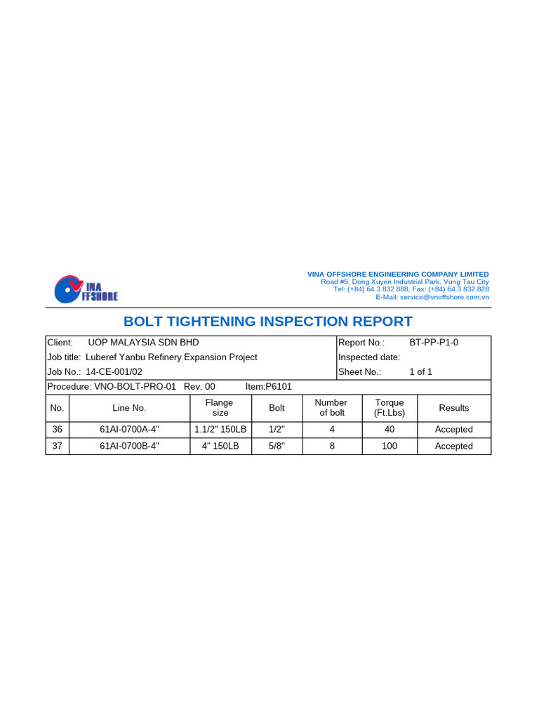 14-CE-001.02, Bolt Tightening Report P-6101 | PDF