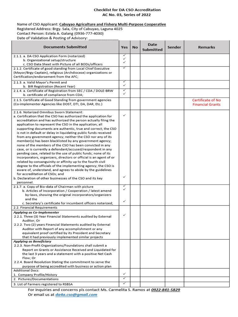 CSO Checklist of Requirements | PDF | Finance & Money Management