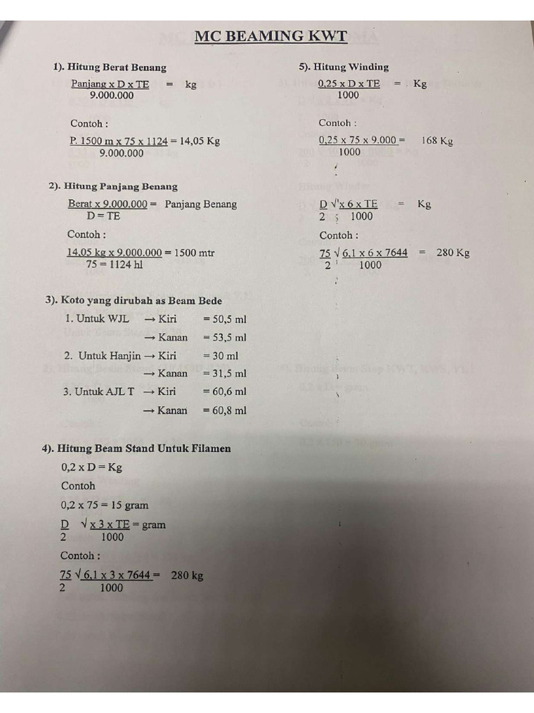 Rangkuman Rumus Perhitungan Obat Sizing Dan Rumus Warping | PDF