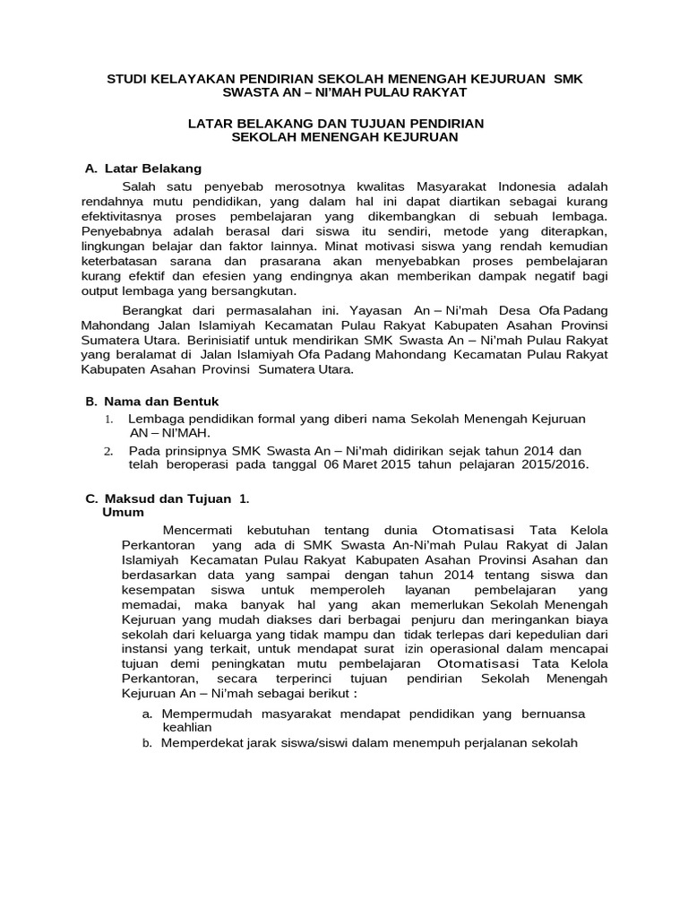 Contoh Studi Kelayakan Pendirian SMK HASSAN ZAIN | PDF | Karier & Perkembangan | Ilmu Sosial