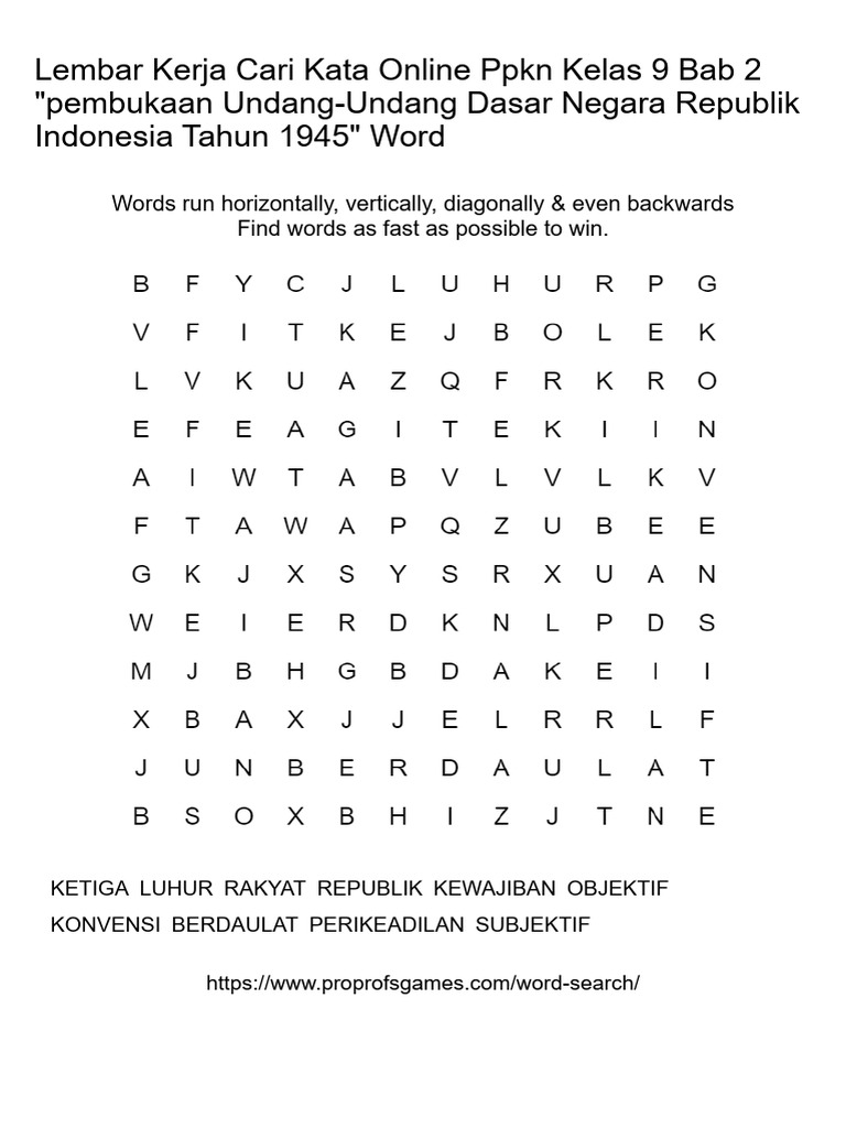 Lembar Kerja Cari Kata Online PPKN Kelas 9 Bab 2 Pembukaan Undang-Undang Dasar Negara Republik ...