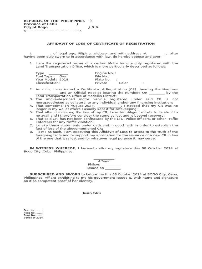 Affidavit of Loss for Vehicle Registration | PDF | Affidavit | Transport