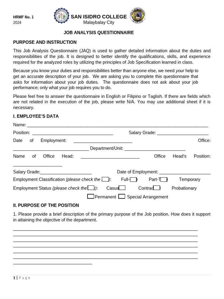 JOB ANALYSIS Questionnaire | PDF | Academic Degree | Employment