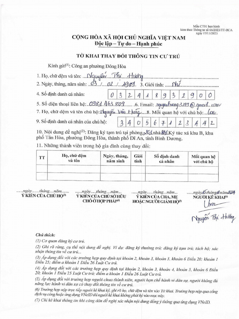 Mẫu Khai Tờ CT01- Tạm Trú | PDF