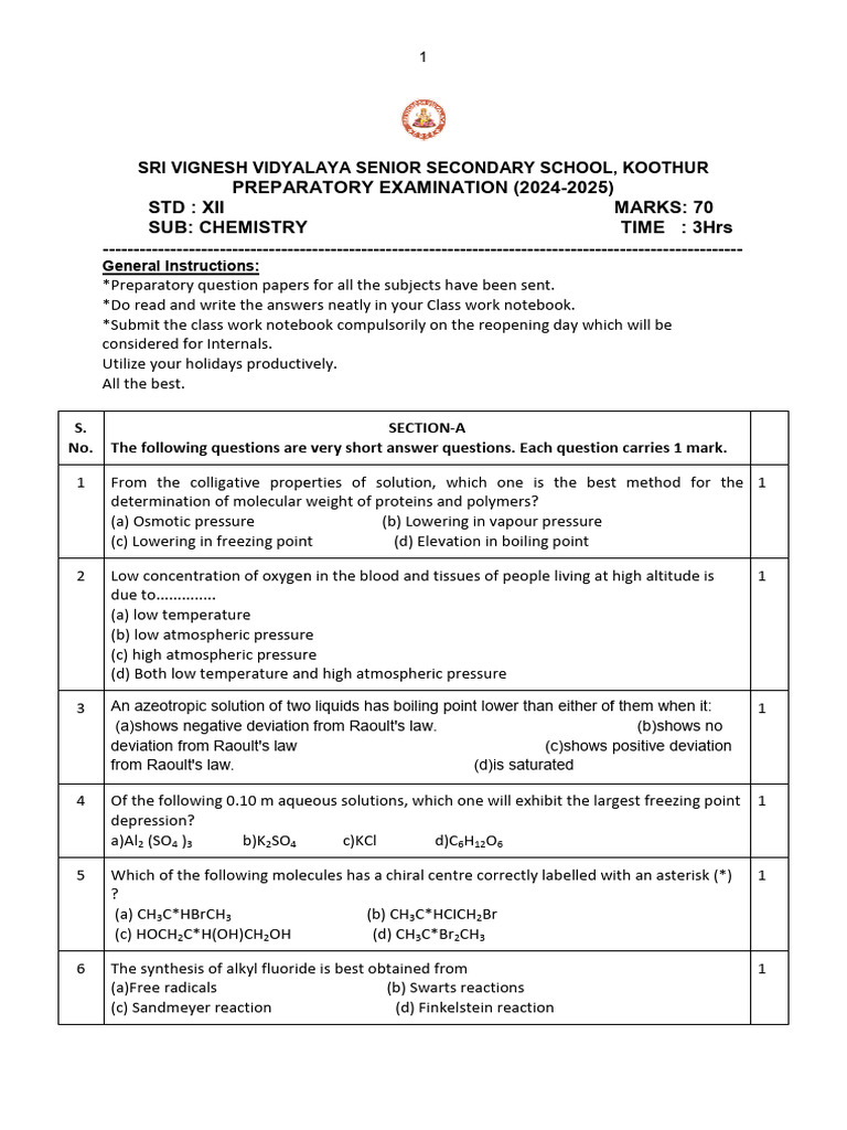 12 Chemistry Preparatory Question | PDF | Chemical Reactions | Physical Chemistry