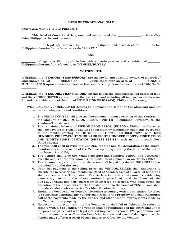 Sample Deed of Conditional Sale | PDF | Taxes | Prices