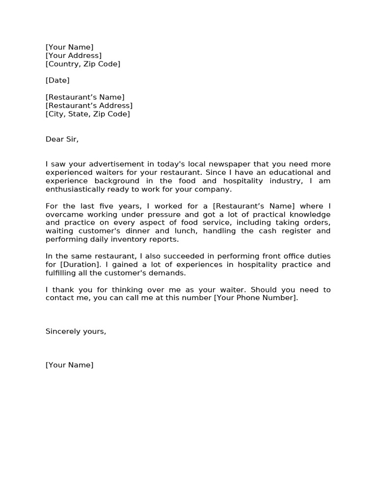 Waiter Application Letter Template | PDF
