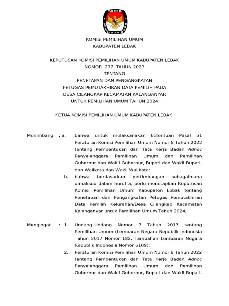 Format SK Pantarlih (Juknis 67) | PDF