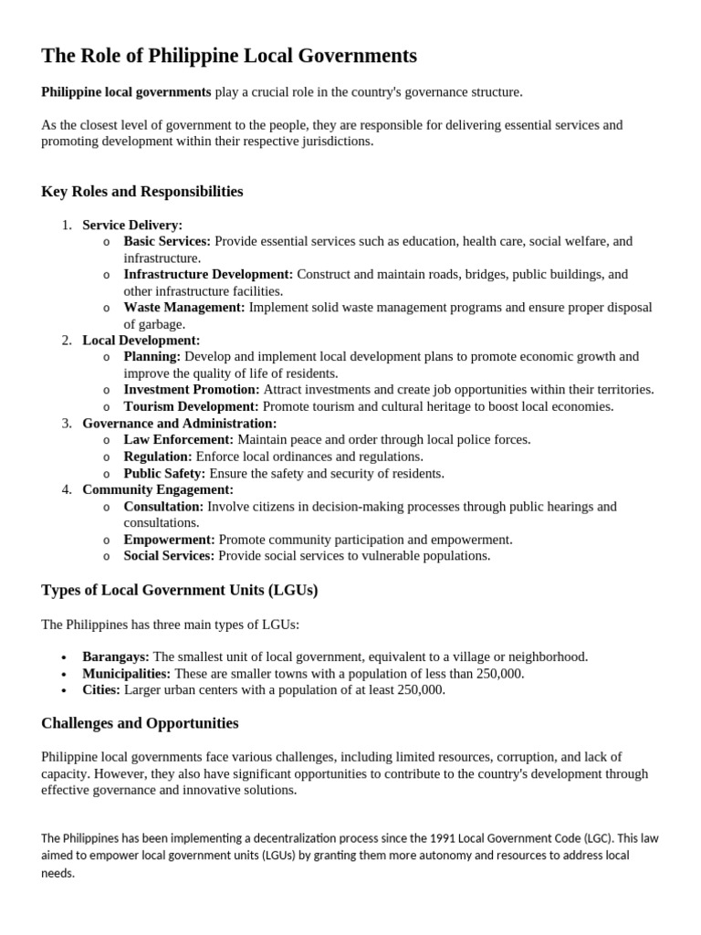Philippine Local Government Roles | PDF | Decentralization | Governance