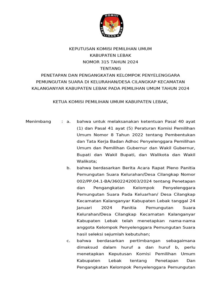 Format Keputusan Pengangkatan KPPS Edit | PDF
