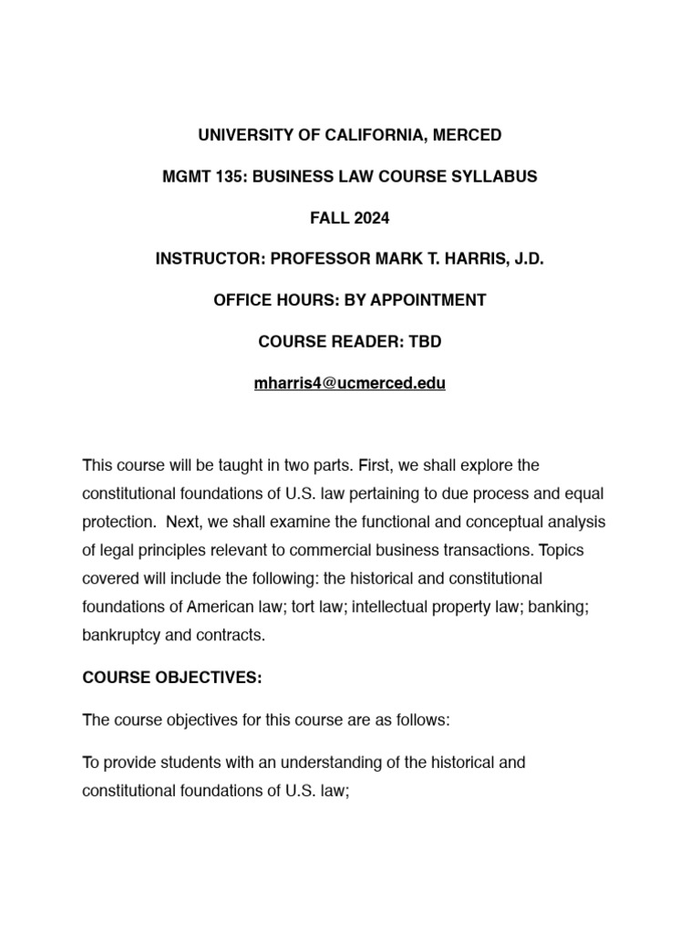 Business Law Course Syllabus Fall 2024 | PDF | Textbook | Common Law
