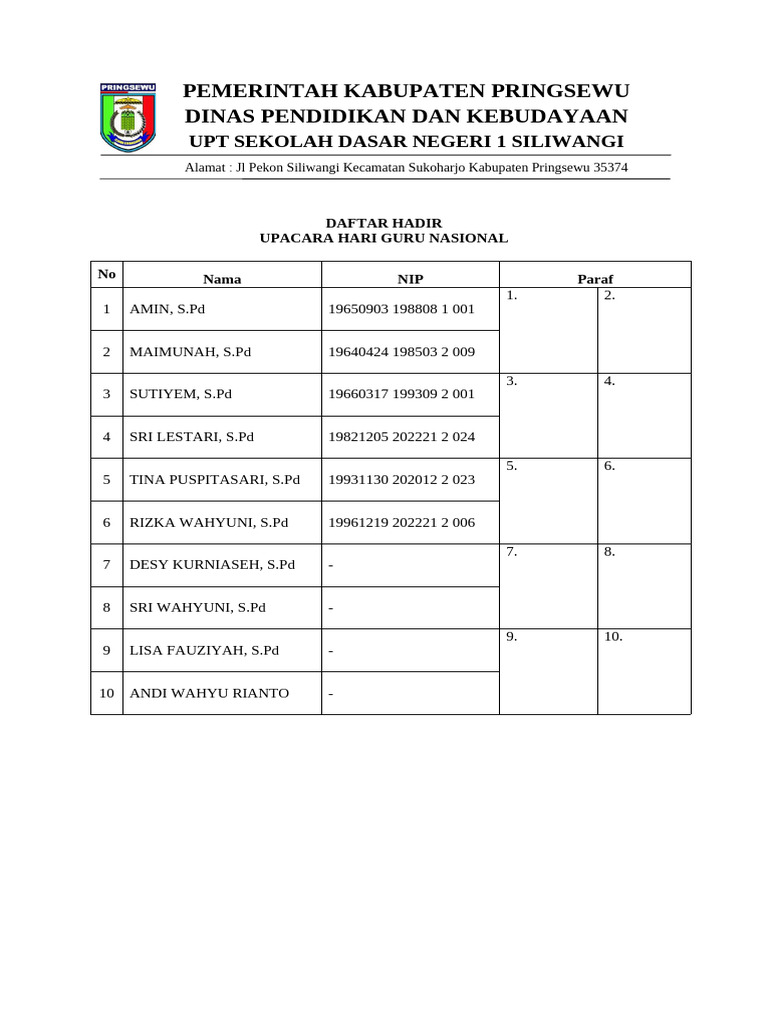 Absen Upacara Hari Guru | PDF