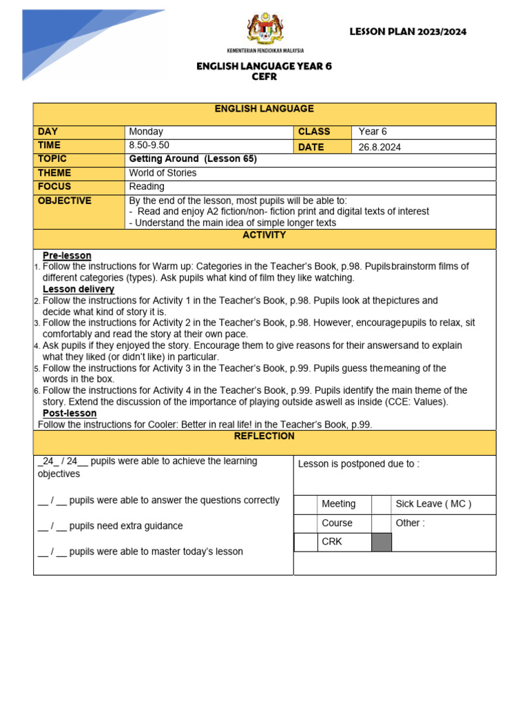 English Year 6 Pdf Lesson Plan Teachers