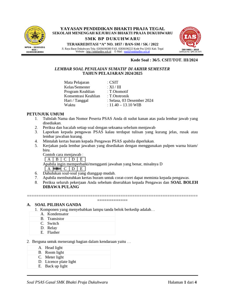 Soal Psas Csit Kelas Xi 2024-2025 | PDF