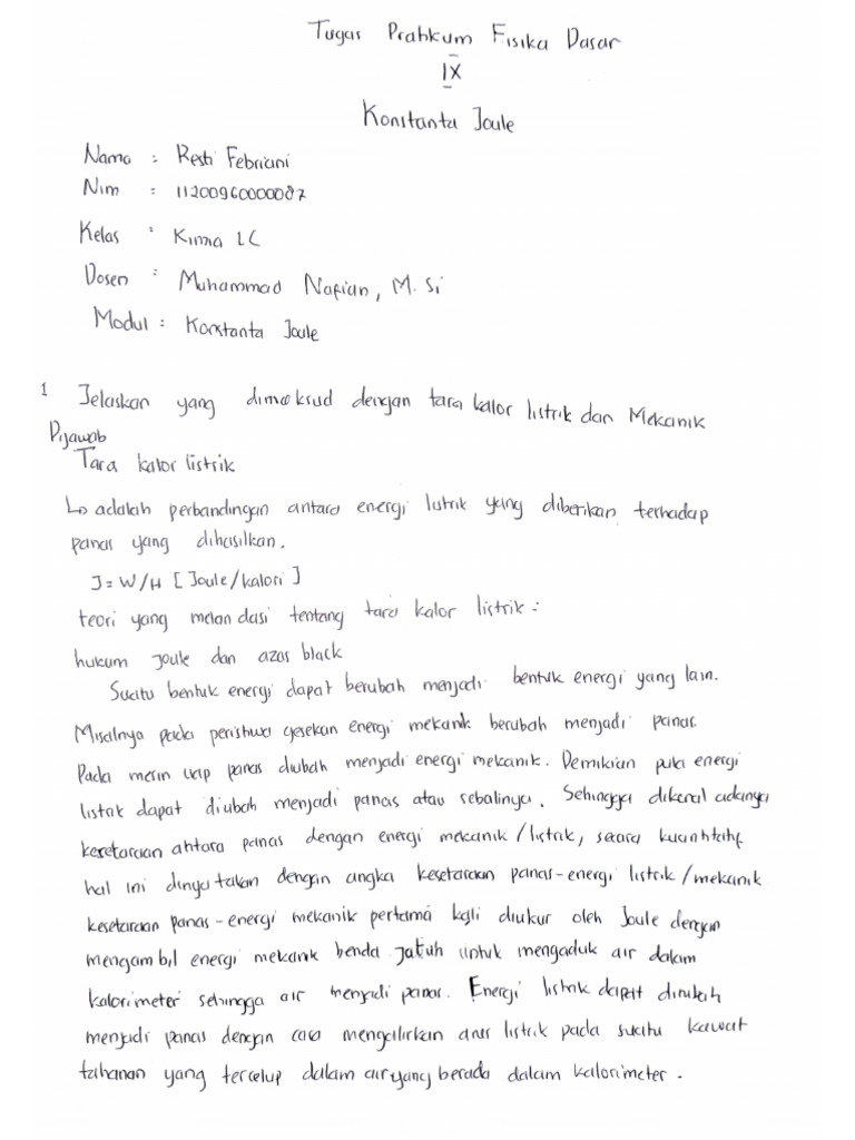 Resti Febriani - 11200960000087 - Kimia1C - Konstanta Joule | PDF