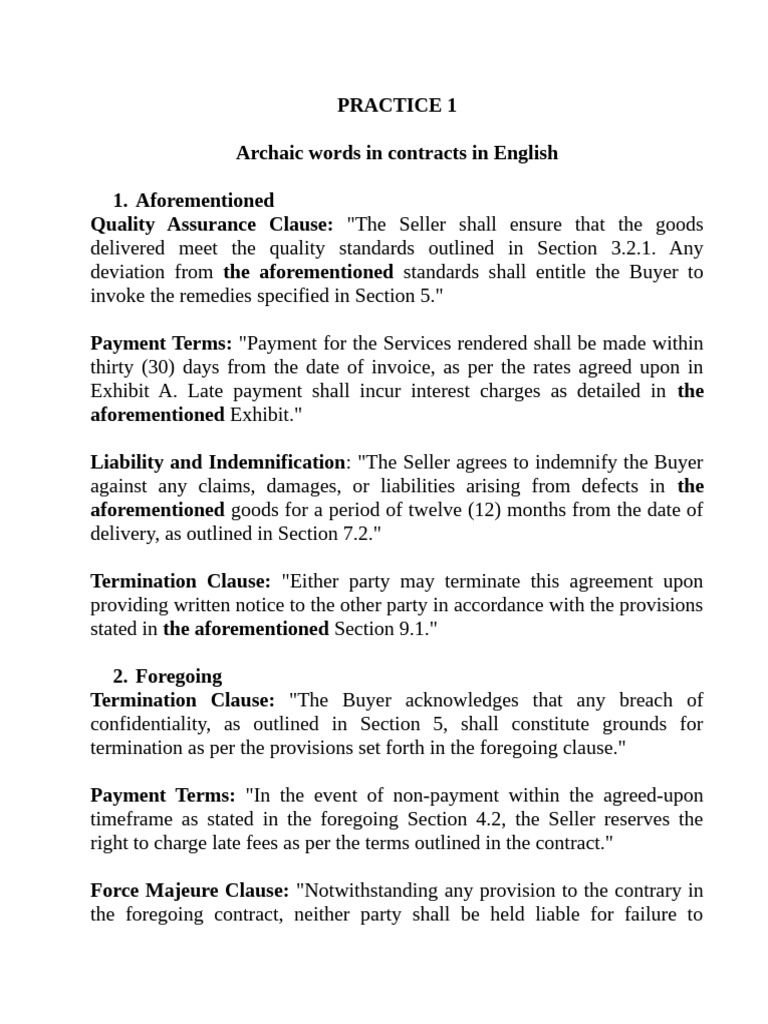 PRACTICE 1 - Archaic Words in Contracts | PDF | Indemnity | Civil Law ...