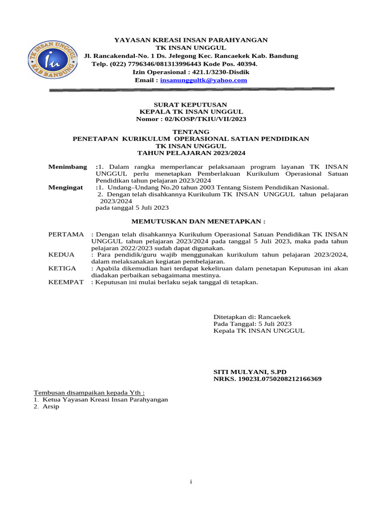 KOSP TK Insan Unggul | PDF