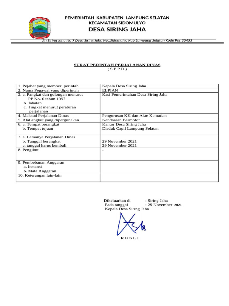 Surat Perintah Perjalanan Dinas SPPD Cap Capil | PDF