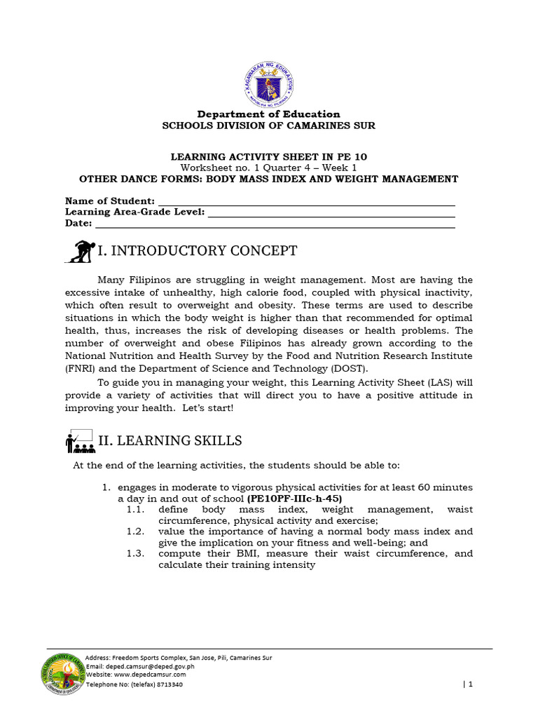 PE 10 Weight Management Activity Sheet | PDF | Body Mass Index | Obesity
