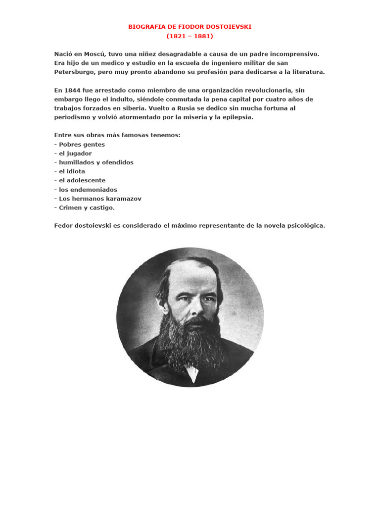 Biografía de Fiódor Dostoievski | PDF