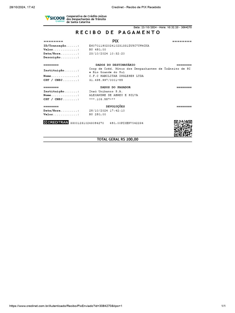 Credinet - Recibo de PIX Recebido - Victor | PDF