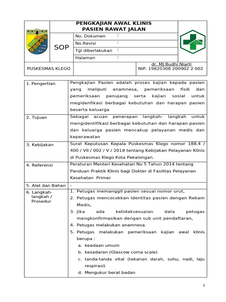 7.2.1 SOP Pengkajian Awal Klinis Pasien Rawat Jalan | PDF | Sains & Matematika
