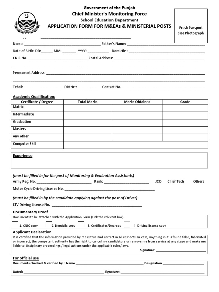Chief Minister's Monitoring Force Application Form For M&Eas ...