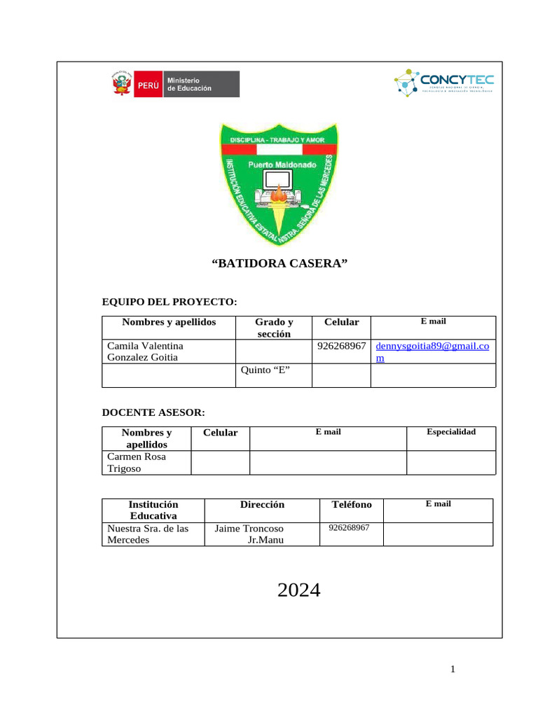 "Batidora Casera": Equipo Del Proyecto: Nombres y Apellidos Grado y ...