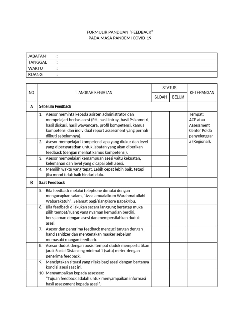 Sop Formulir Panduan Feed Back | PDF