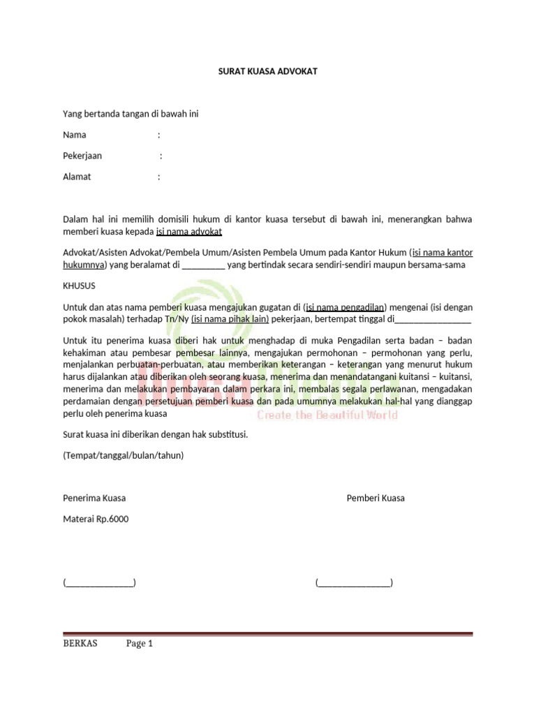Surat Kuasa Advokat | PDF | Hukum
