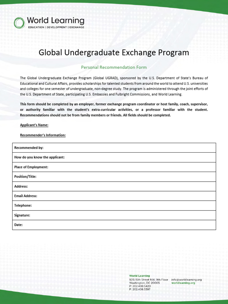 Personal Recommendation Form | PDF | United States Department Of State