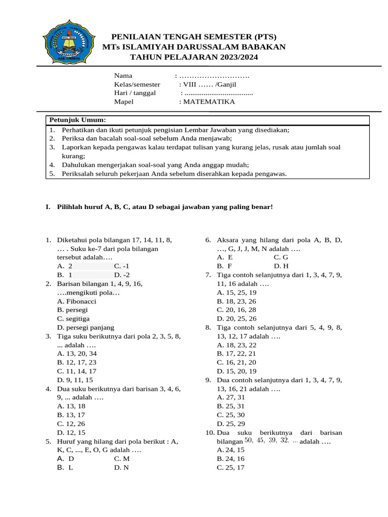 Soal PTS MTK KLS 8 SMT 1 2022 | PDF