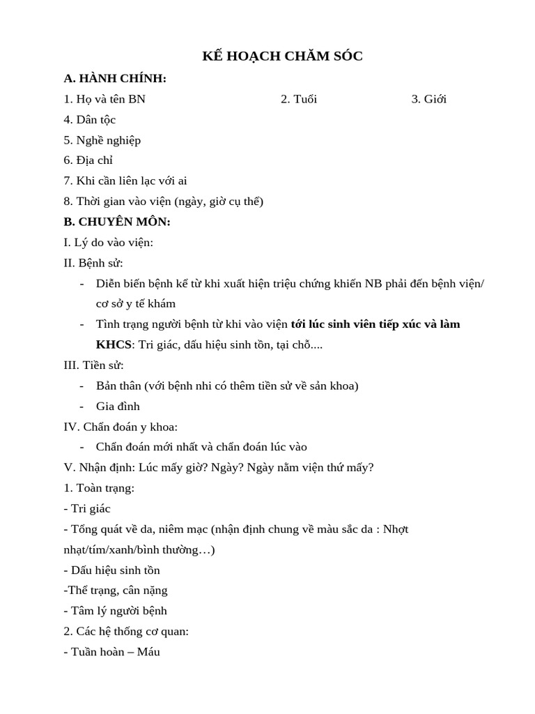 Mau Ke Hoach Cham Soc | PDF