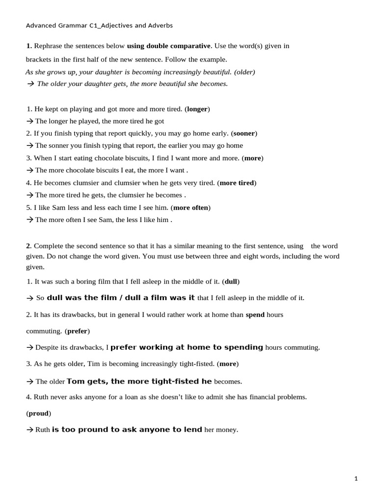 Advanced C1 Grammar: Adjectives & Adverbs | PDF | Linguistics | Grammar