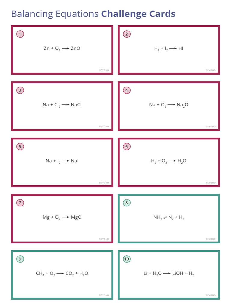Balancing Equations Challenge Cards | PDF