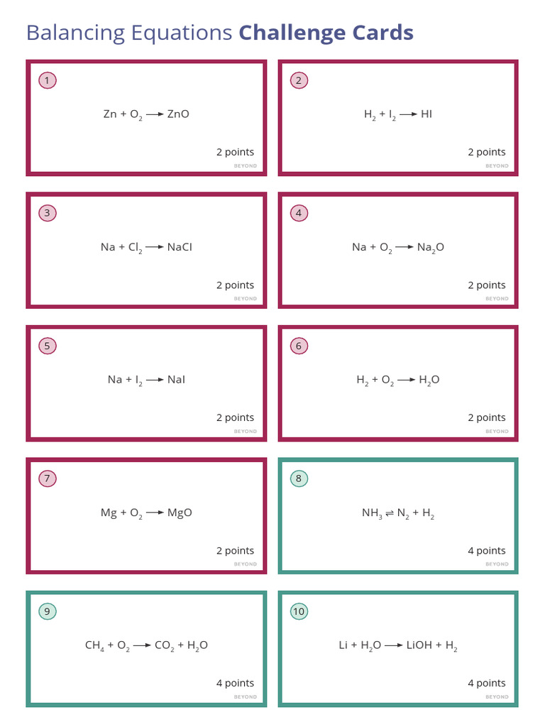 Balancing Equations Challenge Cards With Points | PDF