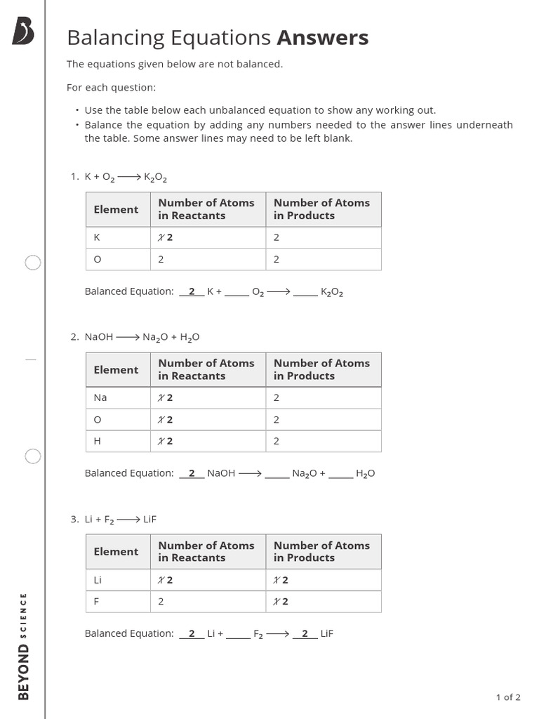 Balancing Equations Worksheet Support - Answers | PDF | Teaching Methods & Materials