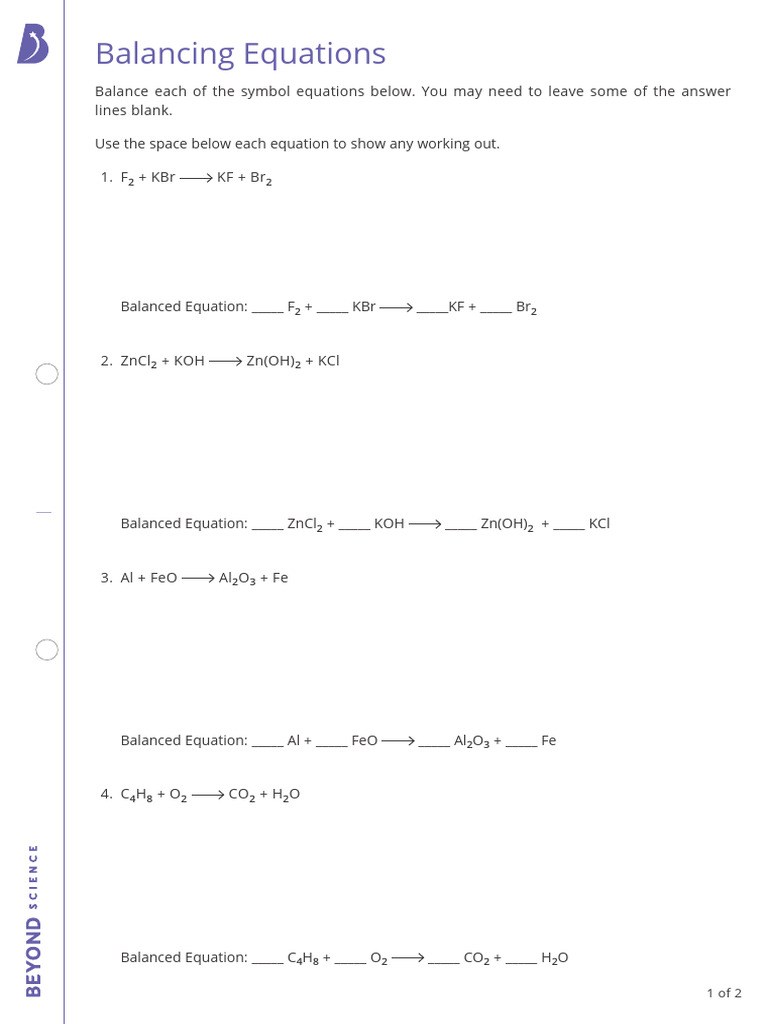 Balancing Equations Worksheet | PDF | Teaching Methods & Materials