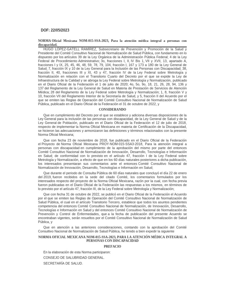 Nom 015 Ssa 2023 | PDF | Invalidez | Discapacidad intelectual