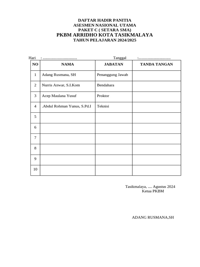 Daftar Hadir Panitia Anbk | PDF