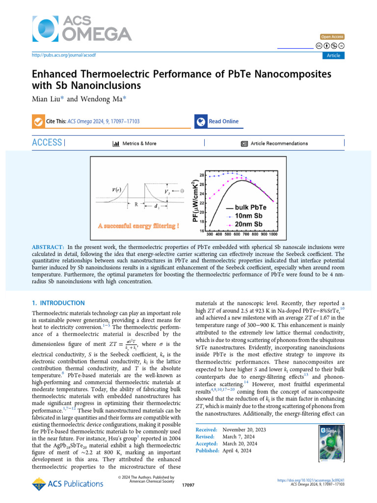 Enhanced Thermoelectric Performance of PbTe Nanocomposites | PDF ...