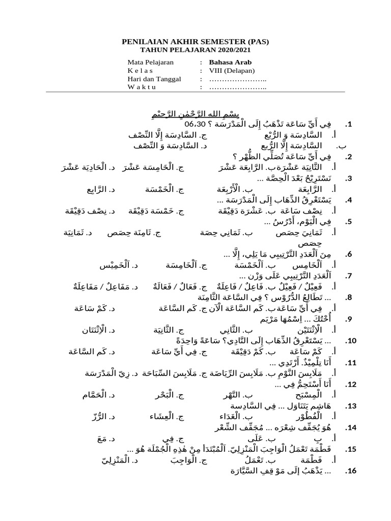 Soal PAS Bahasa Arab Kelas 8 Semester Ganjil Tahun Pelajaran 2020-2021 | PDF