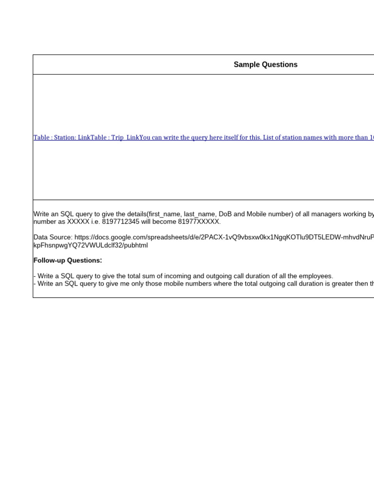 SQL Sample Questions | PDF | Sql | Data Management SQL Sample Questions | PDF | Sql | Data Management