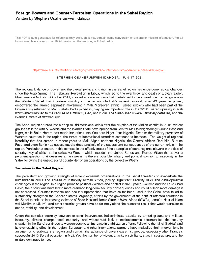 Foreign Powers and Counter Terrorism Operations in The Sahel Region | PDF | Mali | Conflicts