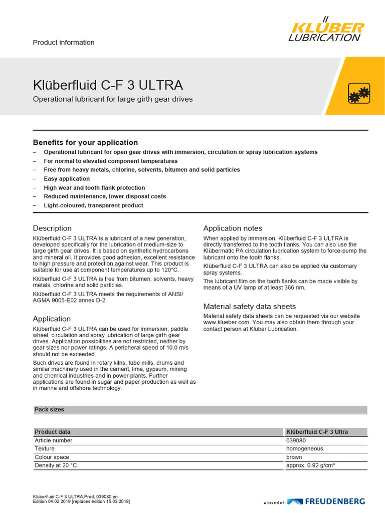 Klüberfluid C-F 3 ULTRA TDS | PDF | Lubricant | Wear